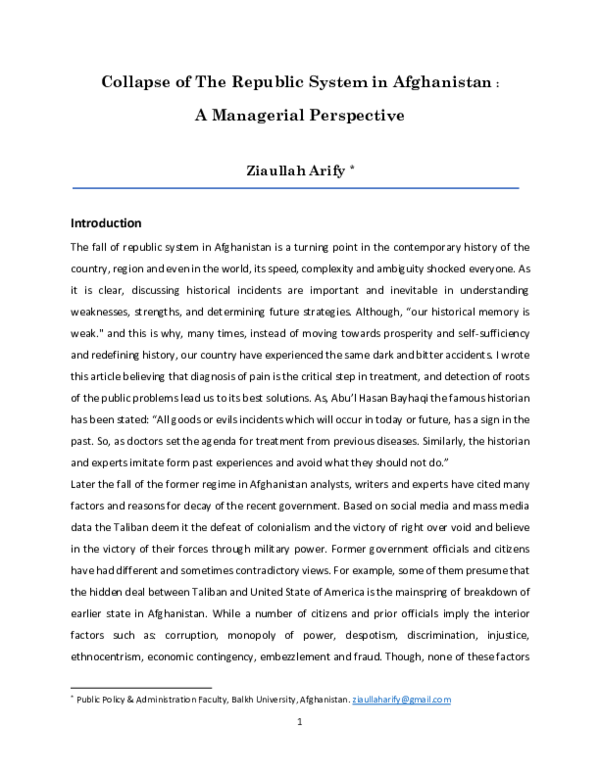 (PDF) Collapse of The Republic System in Afghanistan : A Managerial ...