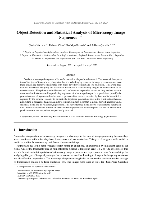 (PDF) Object Detection and Statistical Analysis of Microscopy Image Sequences