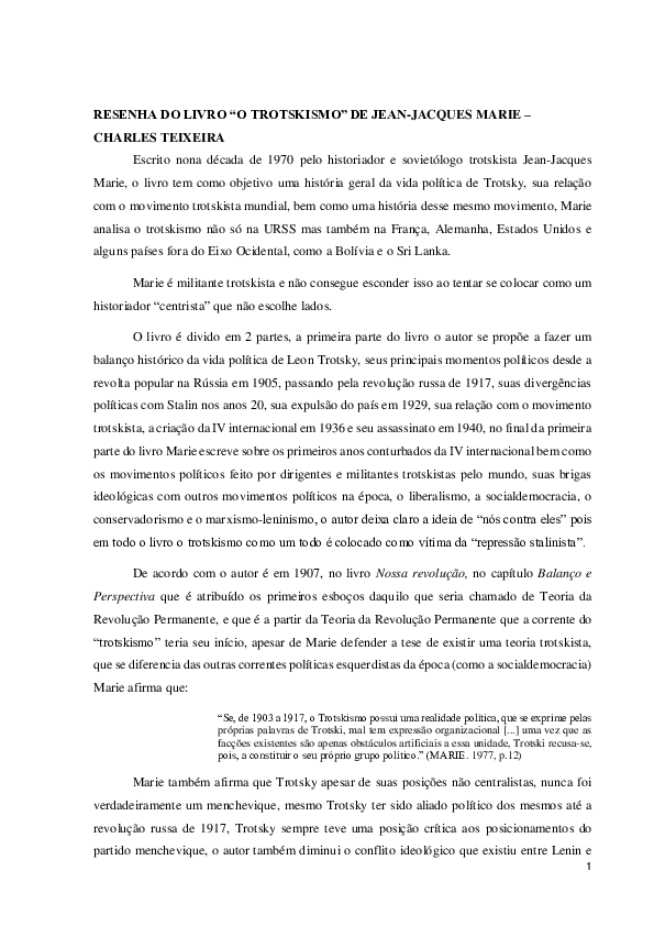 (PDF) RESENHA DO LIVRO "O TROTSKISMO" DE JEAN-JACQUES MARIE