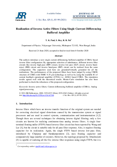 (PDF) Realization of Inverse Active Filters Using Single Current Differencing Buffered Amplifier