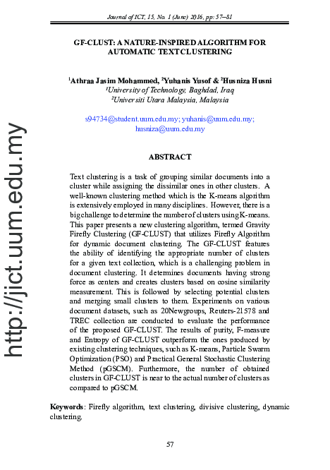 Pdf Gf Clust A Nature Inspired Algorithm For Automatic Text Clustering