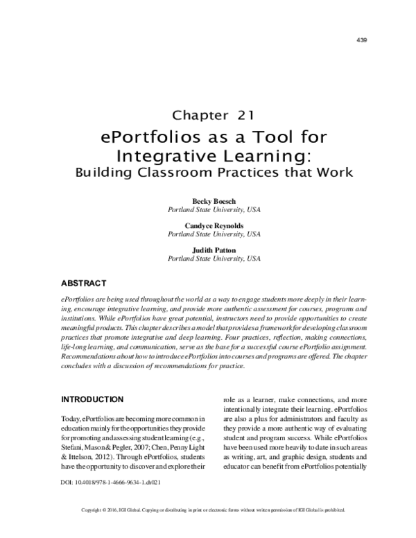 (PDF) ePortfolios as a Tool for Integrative Learning