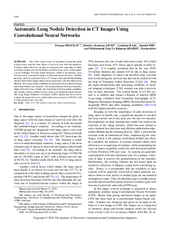 Pdf Automatic Lung Nodule Detection In Ct Images Using Convolutional Neural Networks