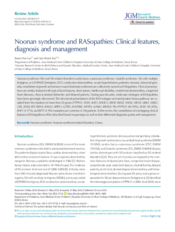 (PDF) Noonan syndrome and RASopathies: Clinical features, diagnosis and ...