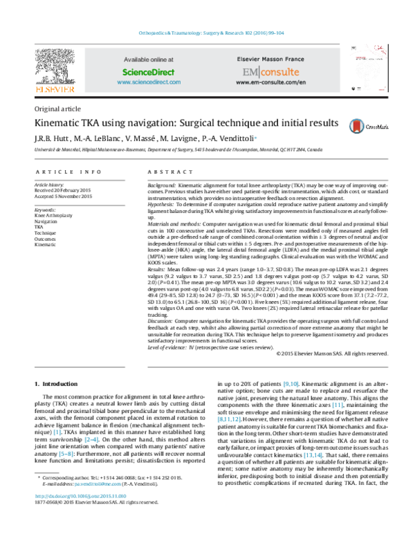 (PDF) Kinematic TKA using navigation: Surgical technique and initial ...