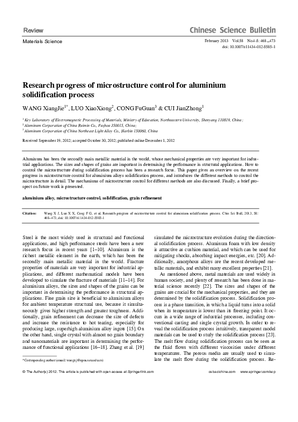 (PDF) Research progress of microstructure control for aluminium solidification process