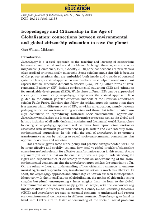(PDF) Ecopedagogy and Citizenship in the Age of Globalisation ...