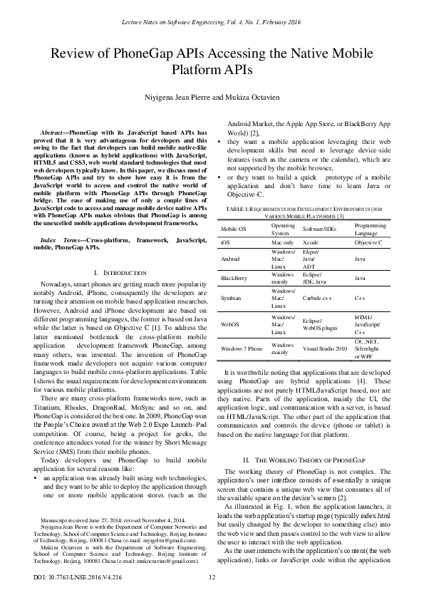 (PDF) Review of PhoneGap APIs Accessing the Native Mobile Platform APIs | Computer Networks ...