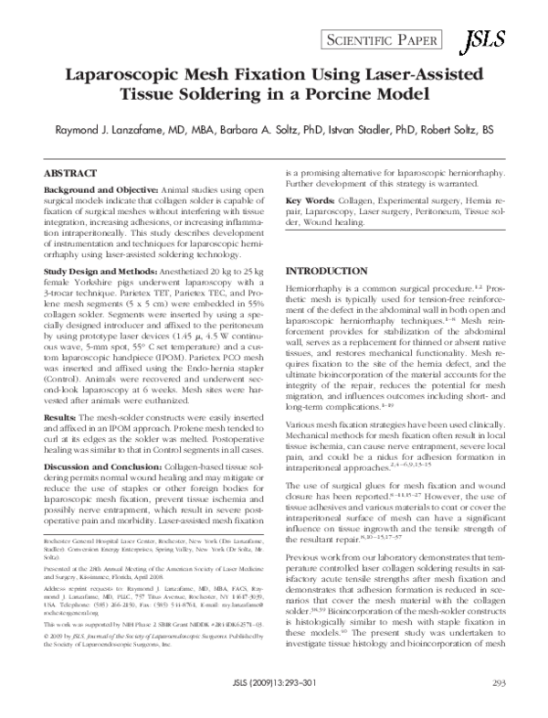(PDF) Laparoscopic mesh fixation using laser-assisted tissue soldering in a porcine model