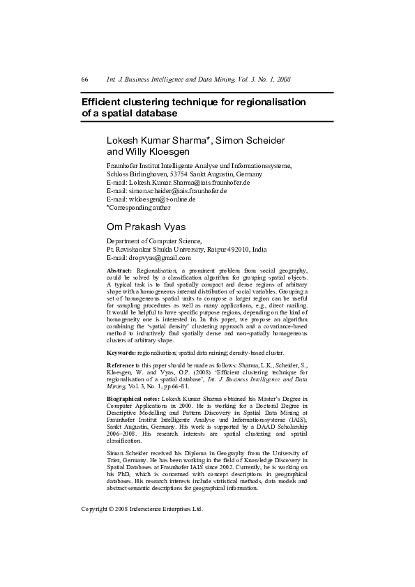 Pdf Efficient Clustering Technique For Regionalisation Of A Spatial Database