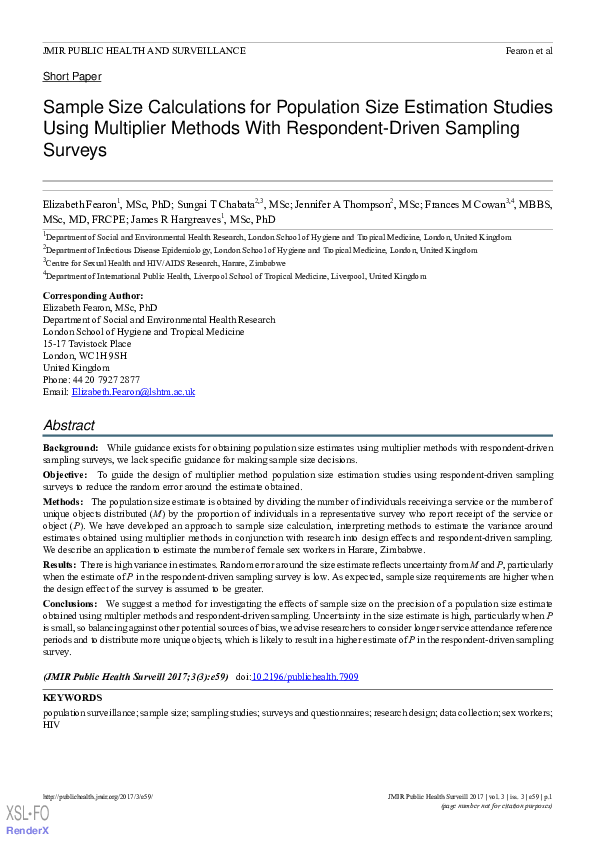 (PDF) Sample Size Calculations for Population Size Estimation Studies ...