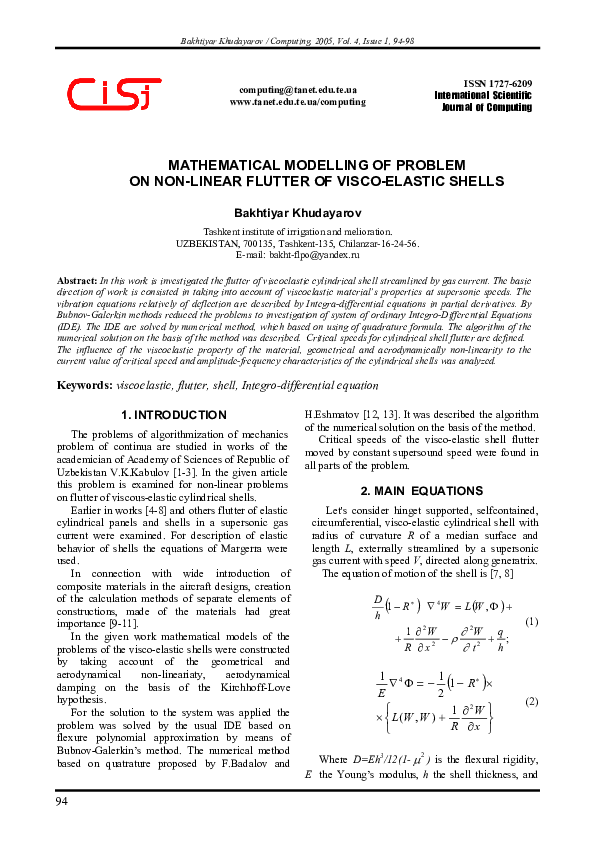 (PDF) Mathematical Modelling of Problem on Non-Linear Flutter of Visco-Elastic Shells