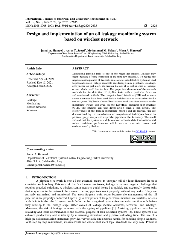 (PDF) Design and implementation of an oil leakage monitoring system based on wireless network
