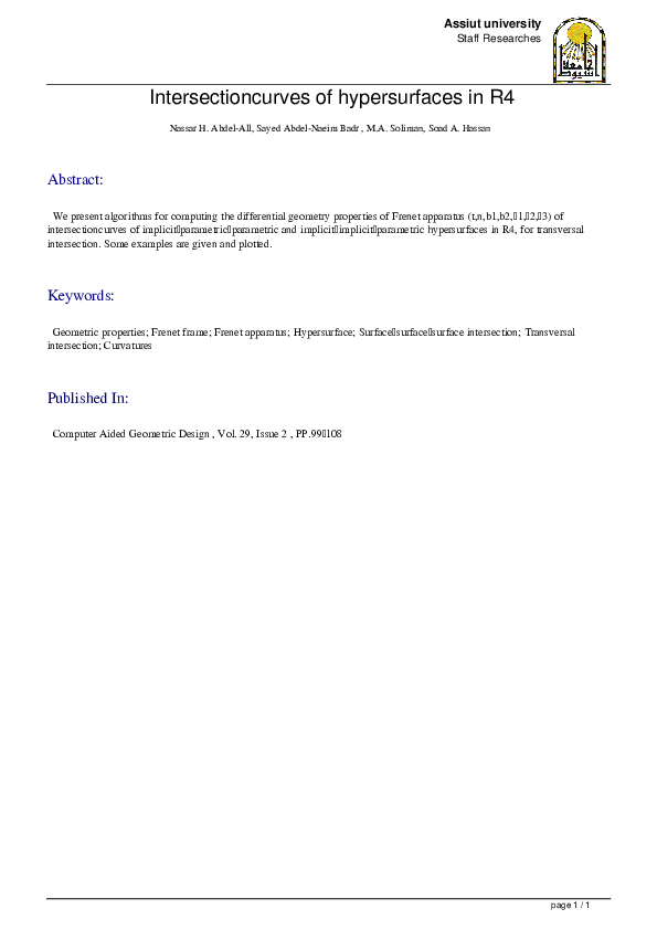 (PDF) Intersection curves of hypersurfaces in