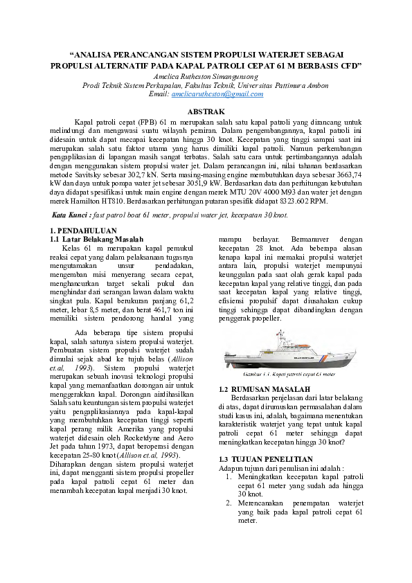 (DOC) "ANALISA PERANCANGAN SISTEM PROPULSI WATERJET SEBAGAI PROPULSI ALTERNATIF PADA KAPAL ...