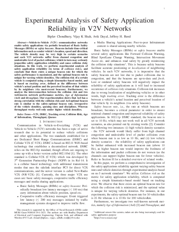 (PDF) Experimental Analysis of Safety Application Reliability in V2V ...