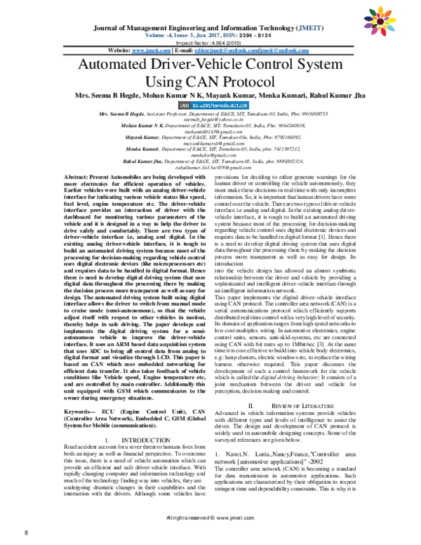 (PDF) Automated Driver-Vehicle Control System Using Can Protocol