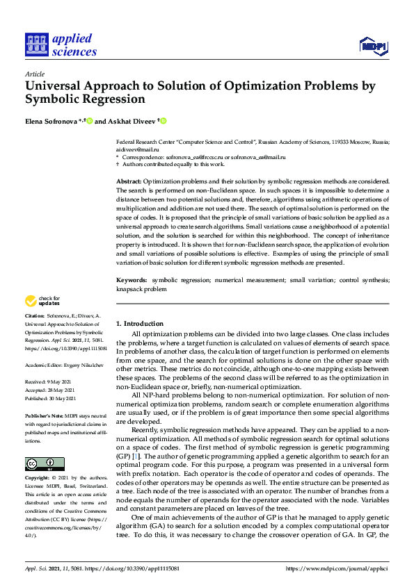 (PDF) Universal Approach to Solution of Optimization Problems by Symbolic Regression