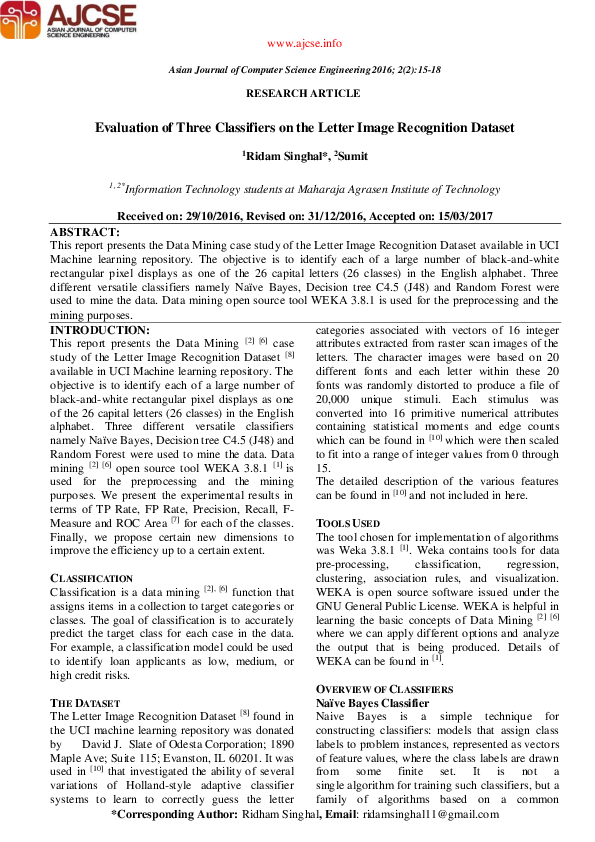 Pdf Evaluation Of Three Classifiers On The Letter Image Recognition