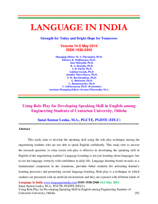 (PDF) Using Role Play for Developing Speaking Skill in English among Engineering Students of ...