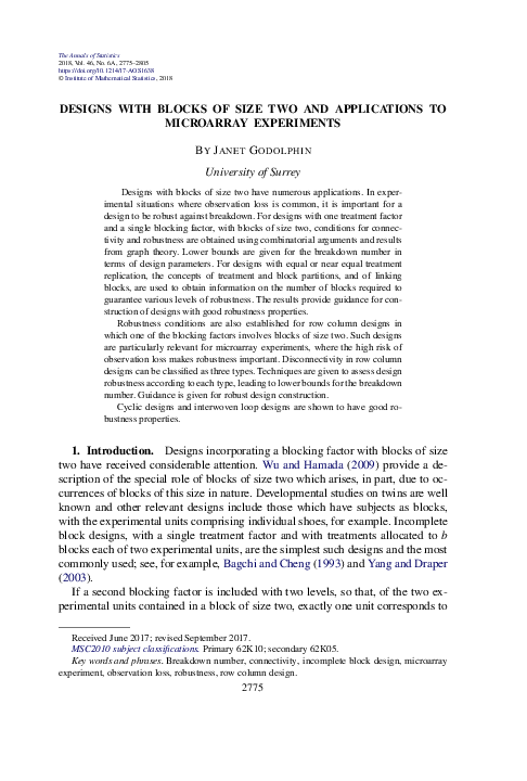 (PDF) Designs with blocks of size two and applications to microarray experiments