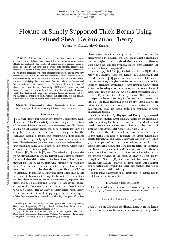 Pdf Flexure Of Simply Supported Thick Beams Using Refined Shear Deformation Theory
