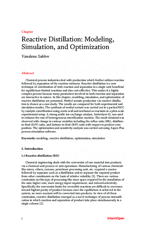 Pdf Reactive Distillation Modeling Simulation And Optimization