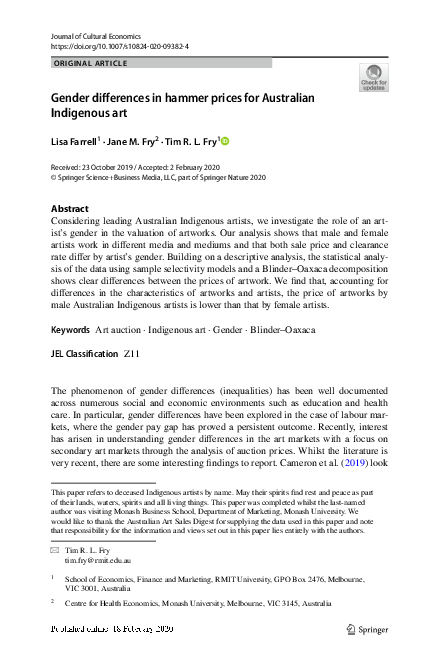 (PDF) Gender differences in hammer prices for Australian Indigenous art