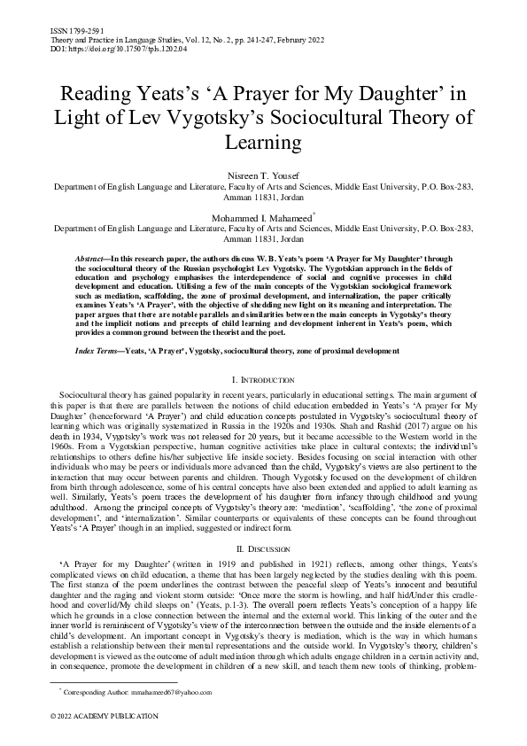 (PDF) Reading Yeats’s ‘A Prayer for My Daughter’ in Light of Lev ...