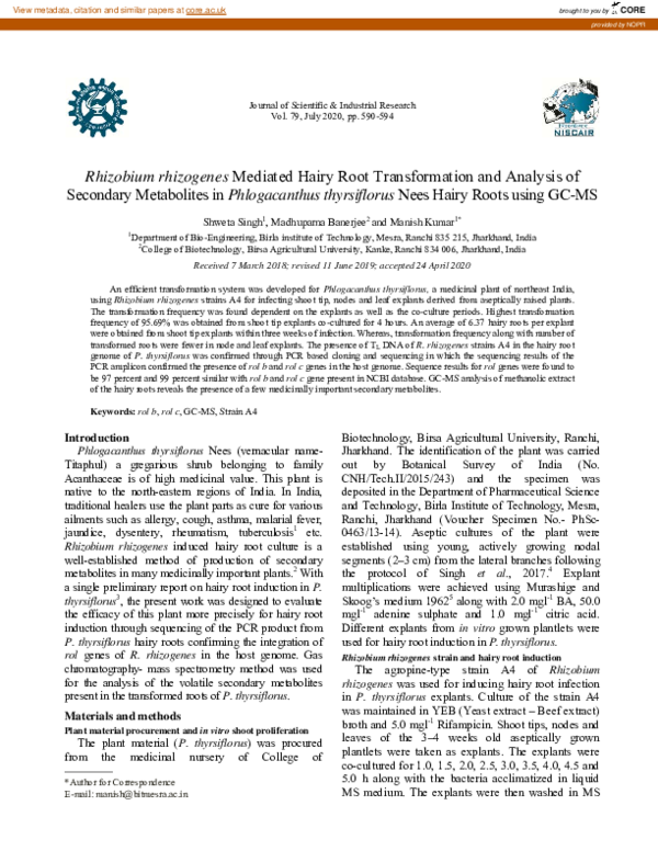 (PDF) Rhizobium rhizogenes Mediated Hairy Root Transformation and ...