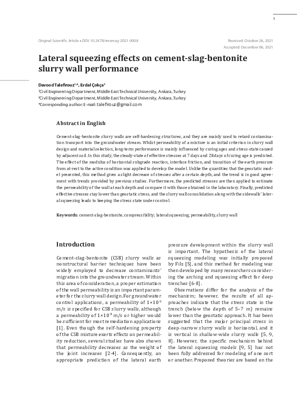 (PDF) Lateral squeezing effects on cement-slag-bentonite slurry wall performance