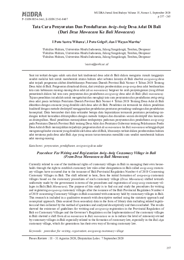 Tata Cara Penyuratan Dan Pendaftaran Awig-awig Desa Adat di Bali (Dari ...