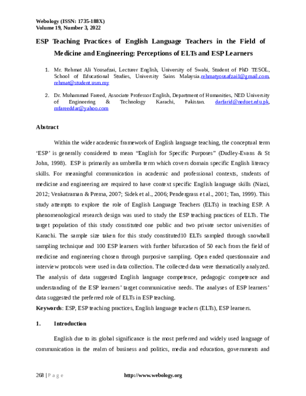 (PDF) ESP Teaching Practices of English Language Teachers in the Field ...
