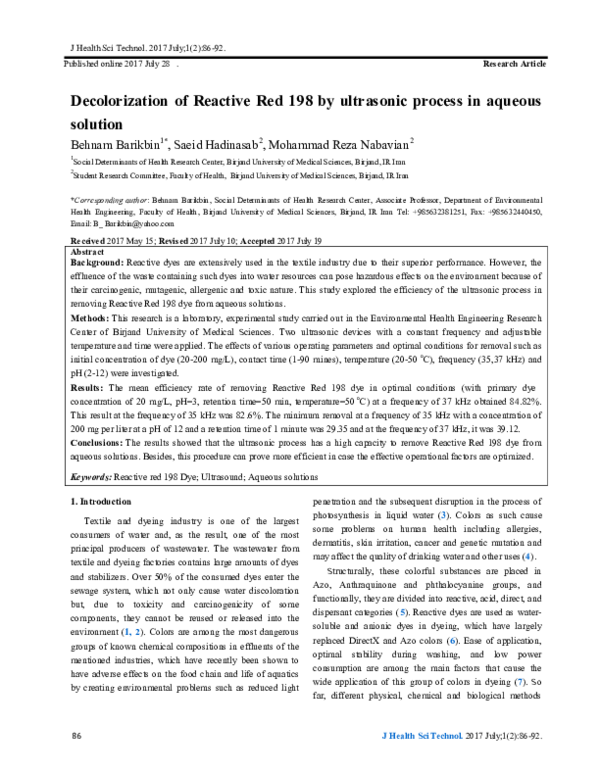 (PDF) Decolorization of Reactive Red 198 by ultrasonic process in aqueous solution | Behnam ...