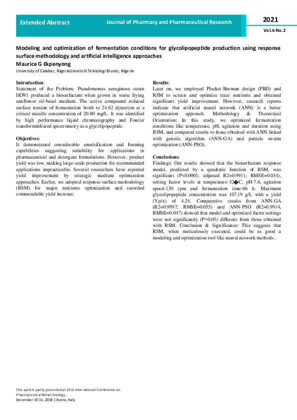 (PDF) Modeling and optimization of fermentation conditions for glycolipopeptide production using ...