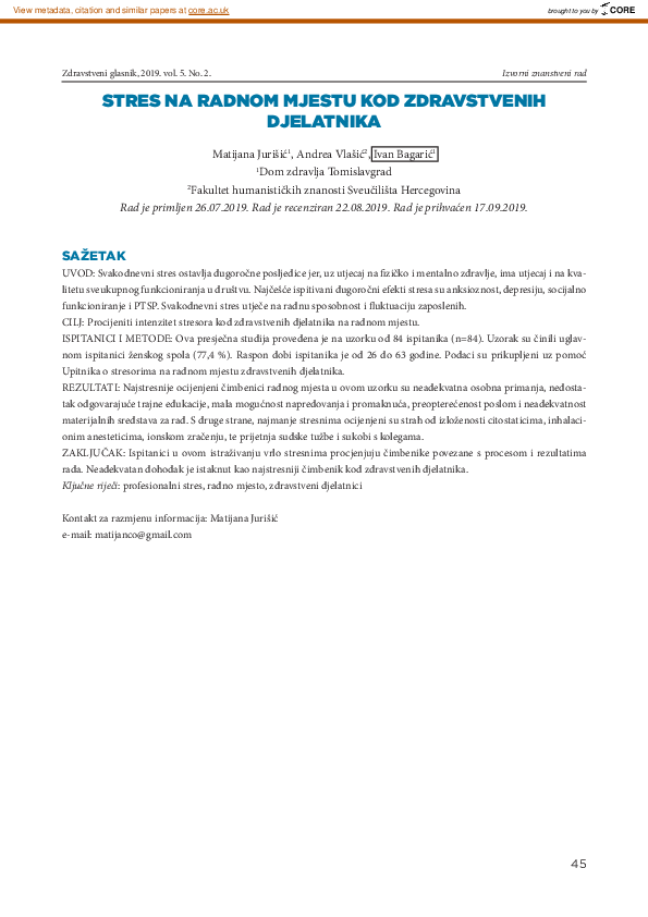 (PDF) Stres Na Radnom Mjestu Kod Zdravstvenih Djelatnika