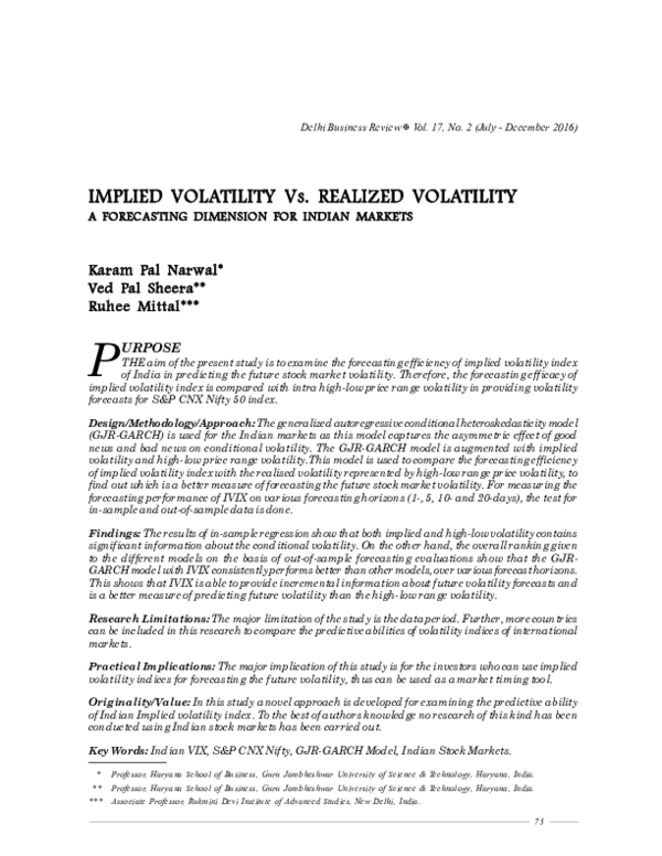 (PDF) Implied Volatility V/s Realized Volatility A Forecasting Dimension for Indian Markets
