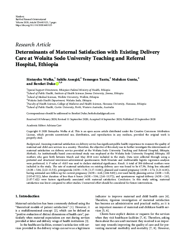 (PDF) Determinants of Maternal Satisfaction with Existing Delivery Care at Wolaita Sodo ...