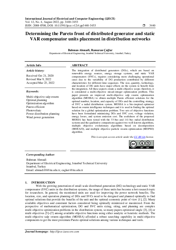 Pdf Determining The Pareto Front Of Distributed Generator And Static Var Compensator Units