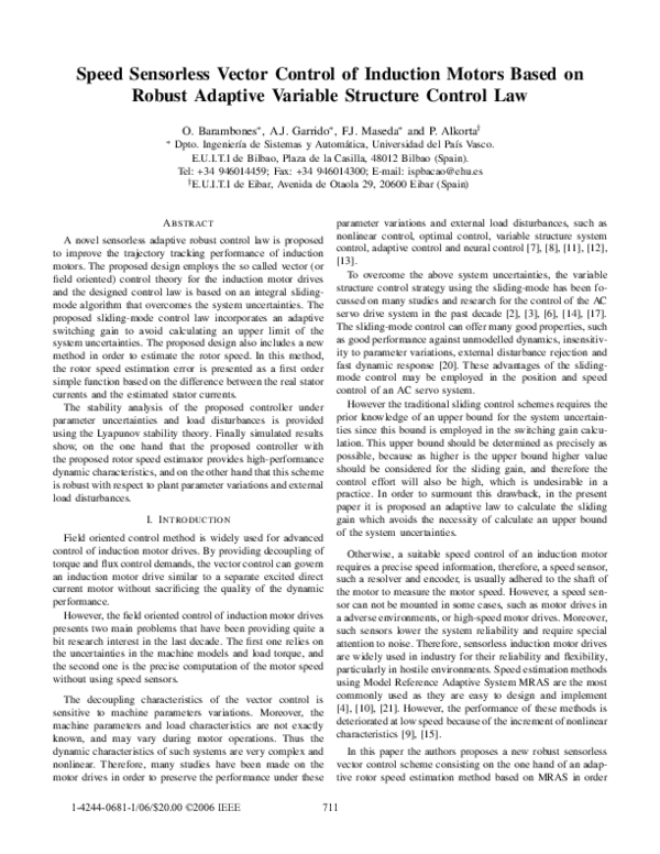 Pdf Speed Sensorless Vector Control Of Induction Motors Based On Robust Adaptive Variable