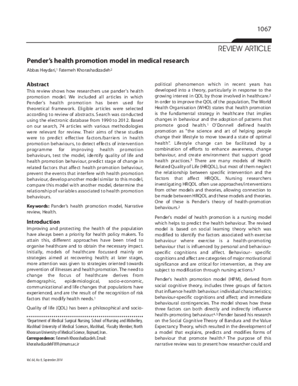 (PDF) Pender's health promotion model in medical research