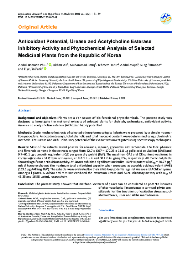 Pdf Antioxidant Potential Urease And Acetylcholine Esterase Inhibitory Activity And