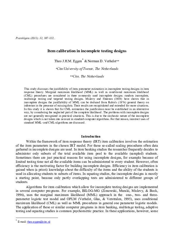 (PDF) Item calibration in incomplete testing designs