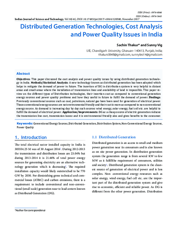 (PDF) Distributed generation technologies, cost analysis and power quality issues in India