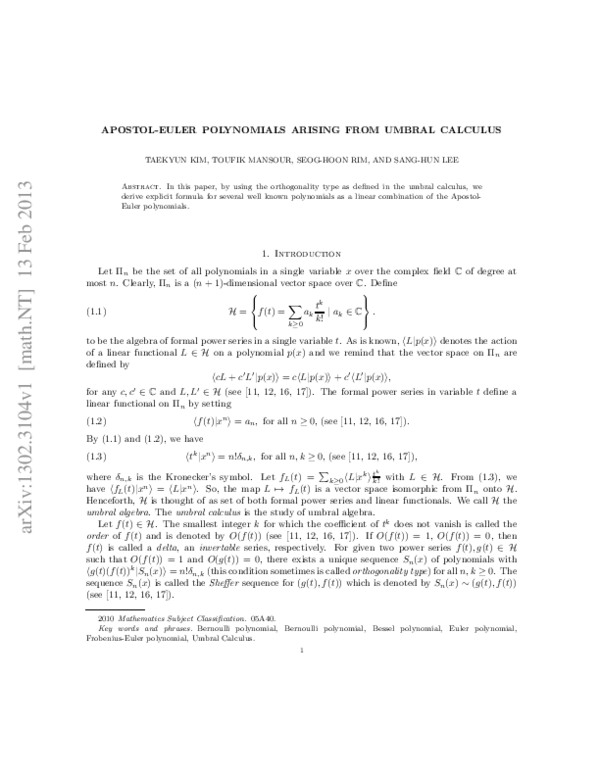 (PDF) Apostol-Euler polynomials arising from umbral calculus