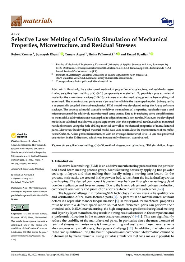 (PDF) Selective Laser Melting of CuSn10: Simulation of Mechanical Properties, Microstructure ...