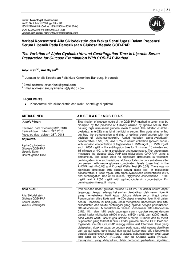 (PDF) Variasi Konsentrasi Alfa Siklodekstrin dan Waktu Sentrifugasi ...