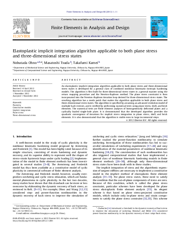 Pdf Elastoplastic Implicit Integration Algorithm Applicable To Both Plane Stress And Three