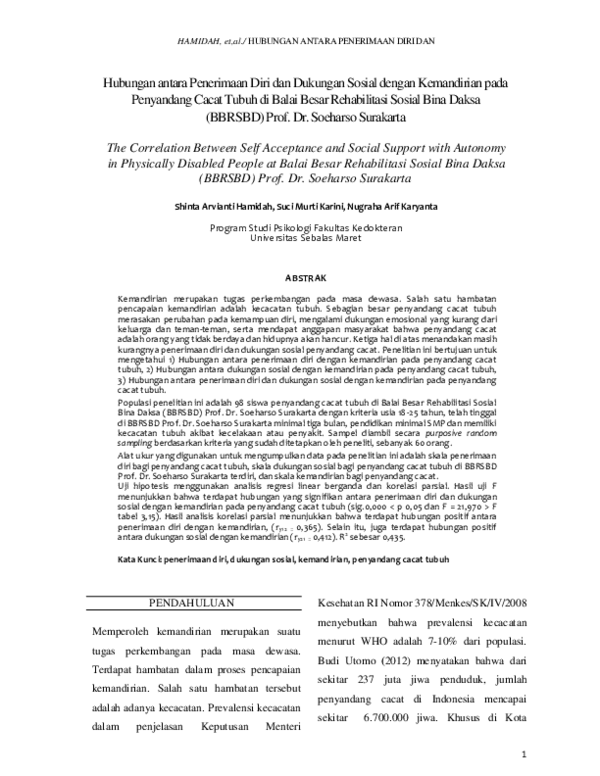(PDF) Hubungan antara Penerimaan Diri dan Dukungan Sosial dengan Kemandirian pada Penyandang ...