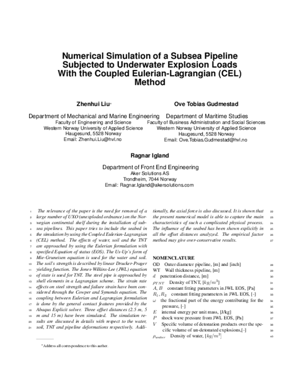 Pdf Numerical Simulation Of A Subsea Pipeline Subjected To Underwater Explosion Loads With The